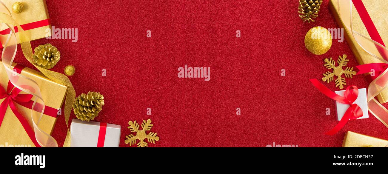 Red Christmas border design banner background with gift boxes and ...