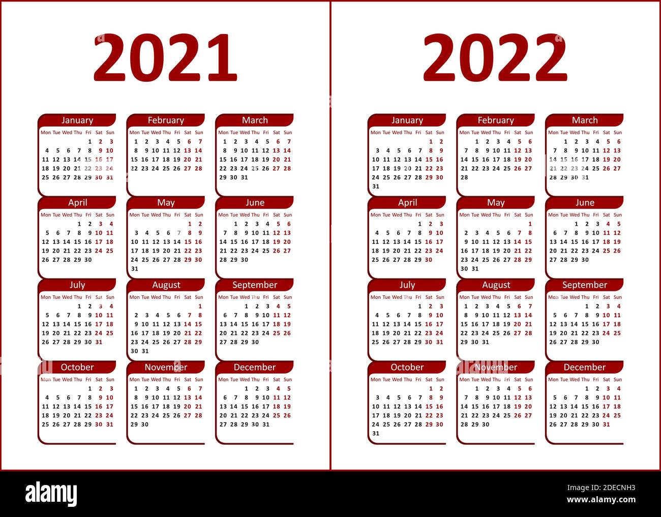 Calendar for 2021, 2022. Red and black letters and figures on a white ...