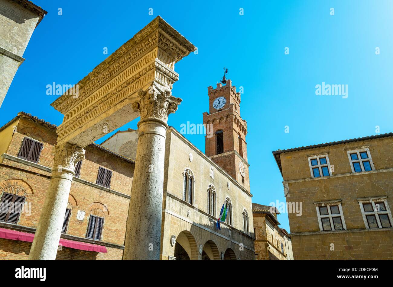 Pienza, Italy, the medieval palaces of Pio II square vith the civic ...
