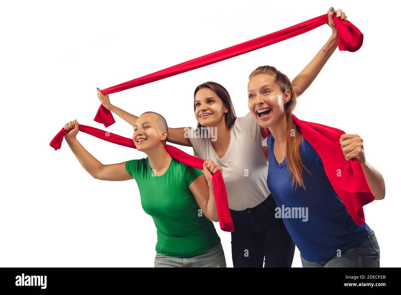 Win. Female soccer fans cheering for favourite team with bright ...