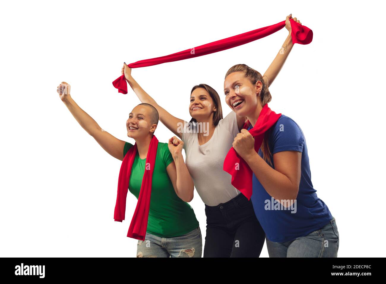 Win. Female soccer fans cheering for favourite team with bright ...