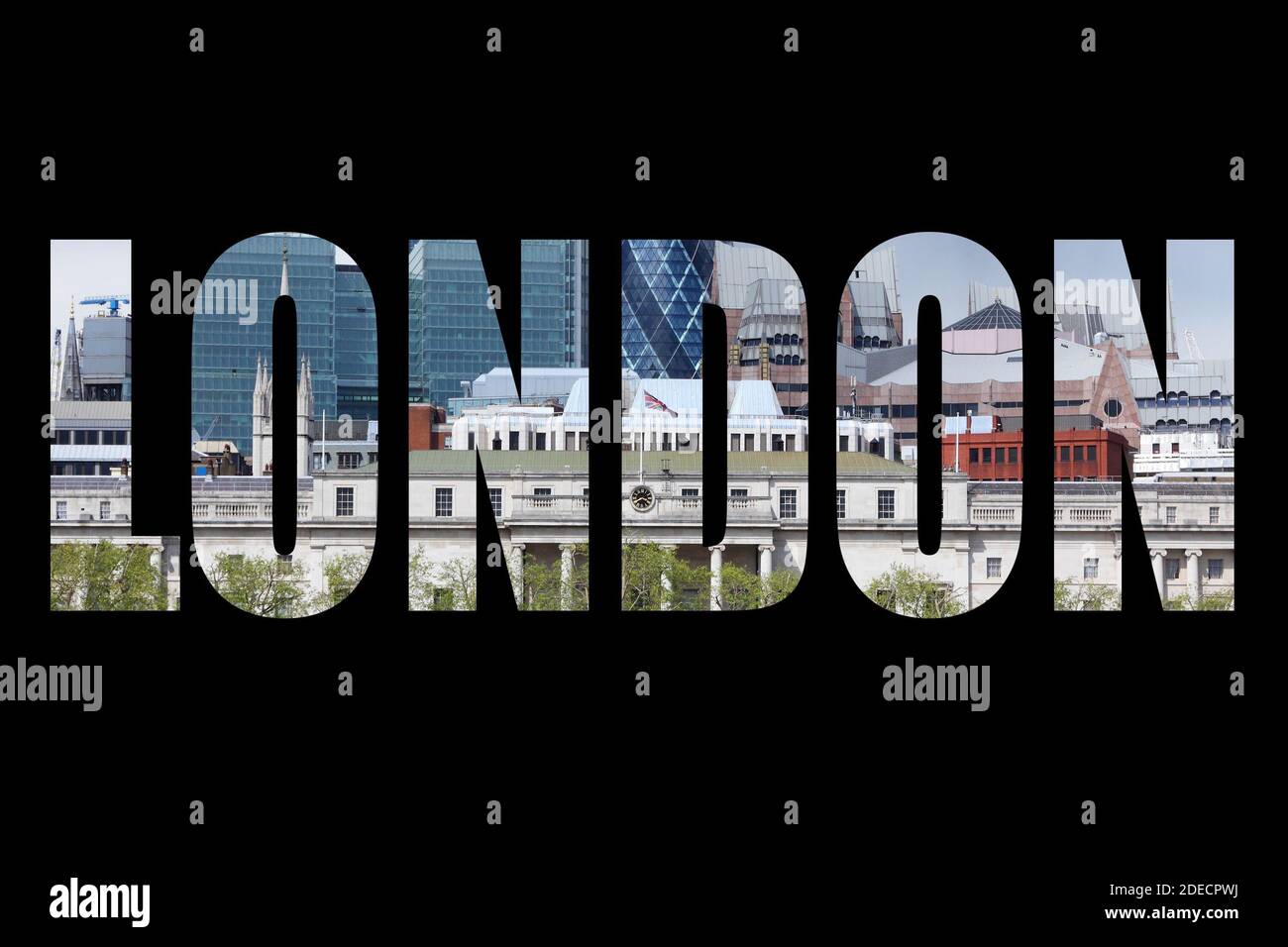 London UK - city name word with photo in background. Isolated on black ...