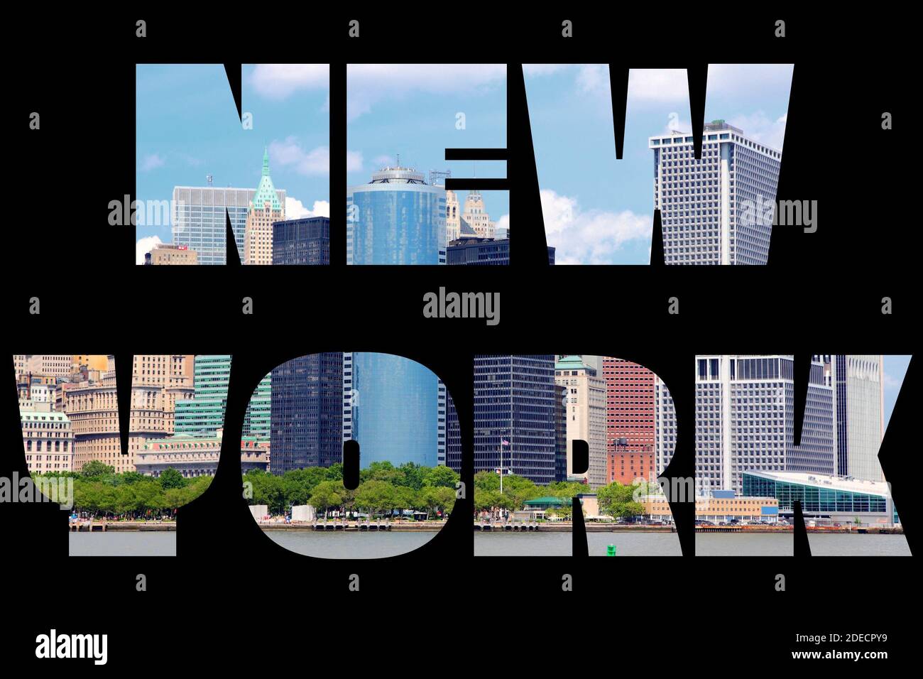 New York city name - USA travel destination sign on black background ...