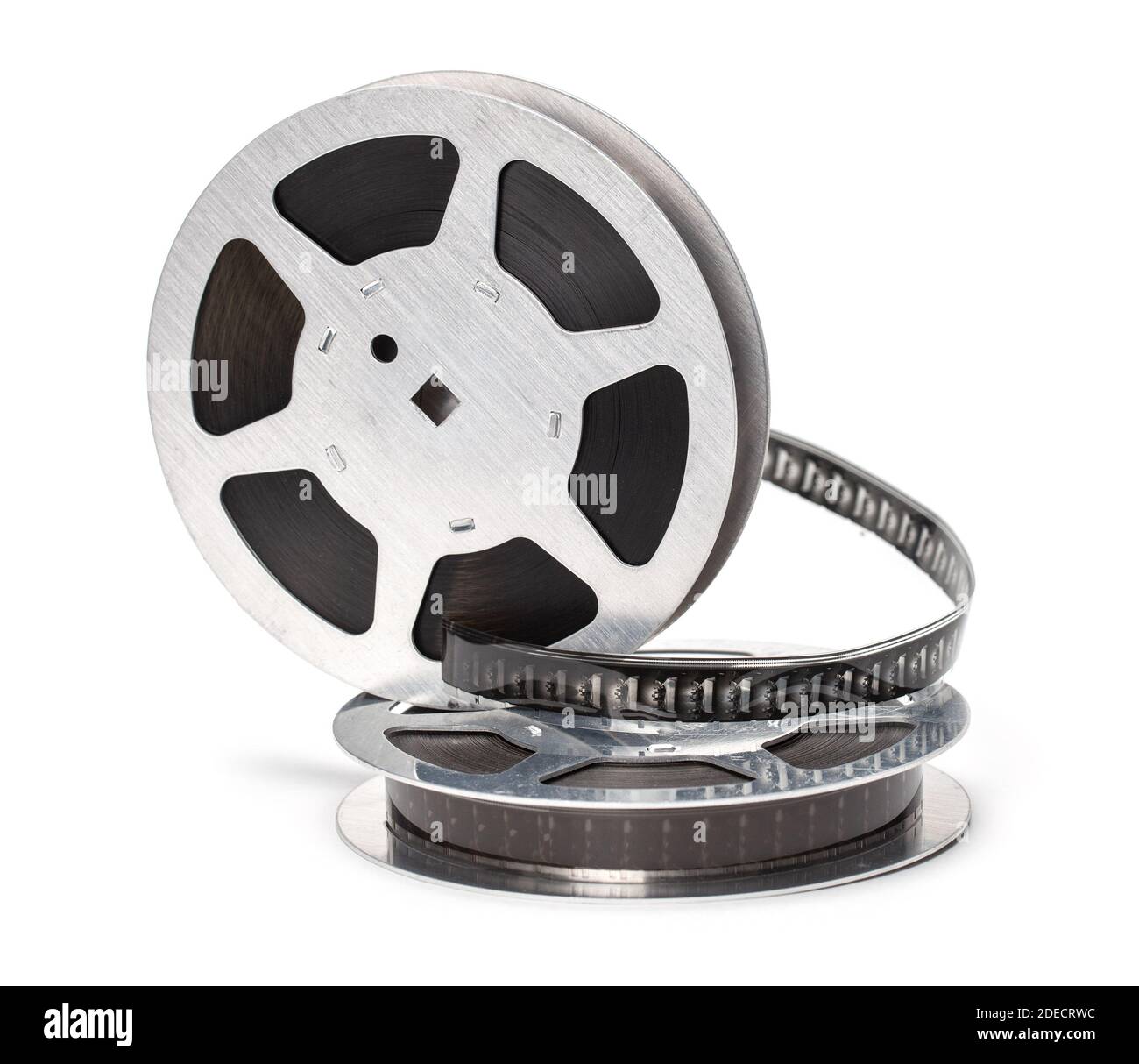 Film reel with filmstrip isolated on white background Stock Photo - Alamy