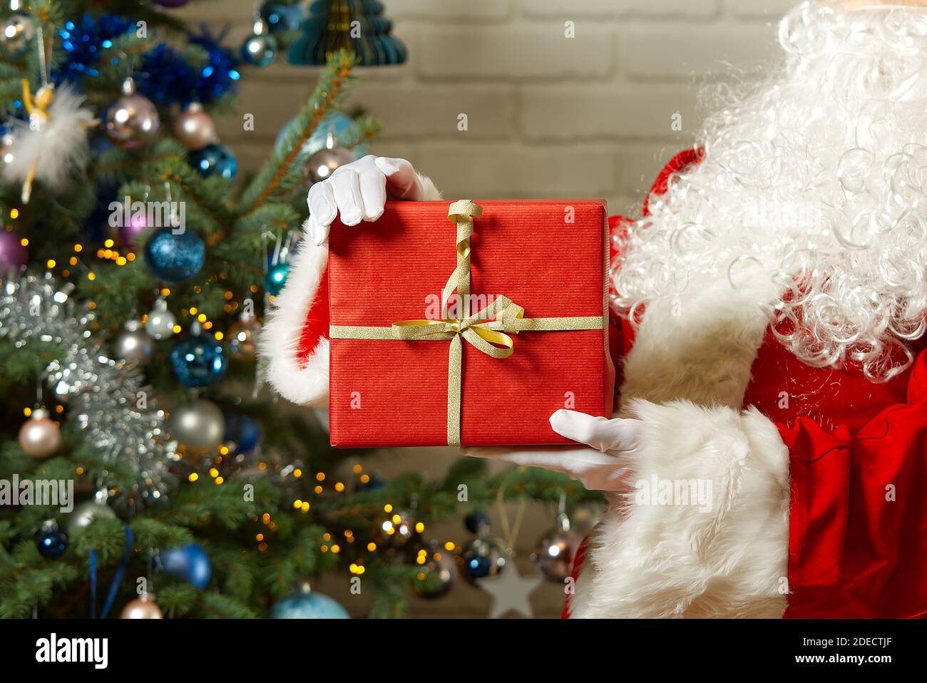 Santa Claus hands holds red gift box opposite christmas tree Stock ...