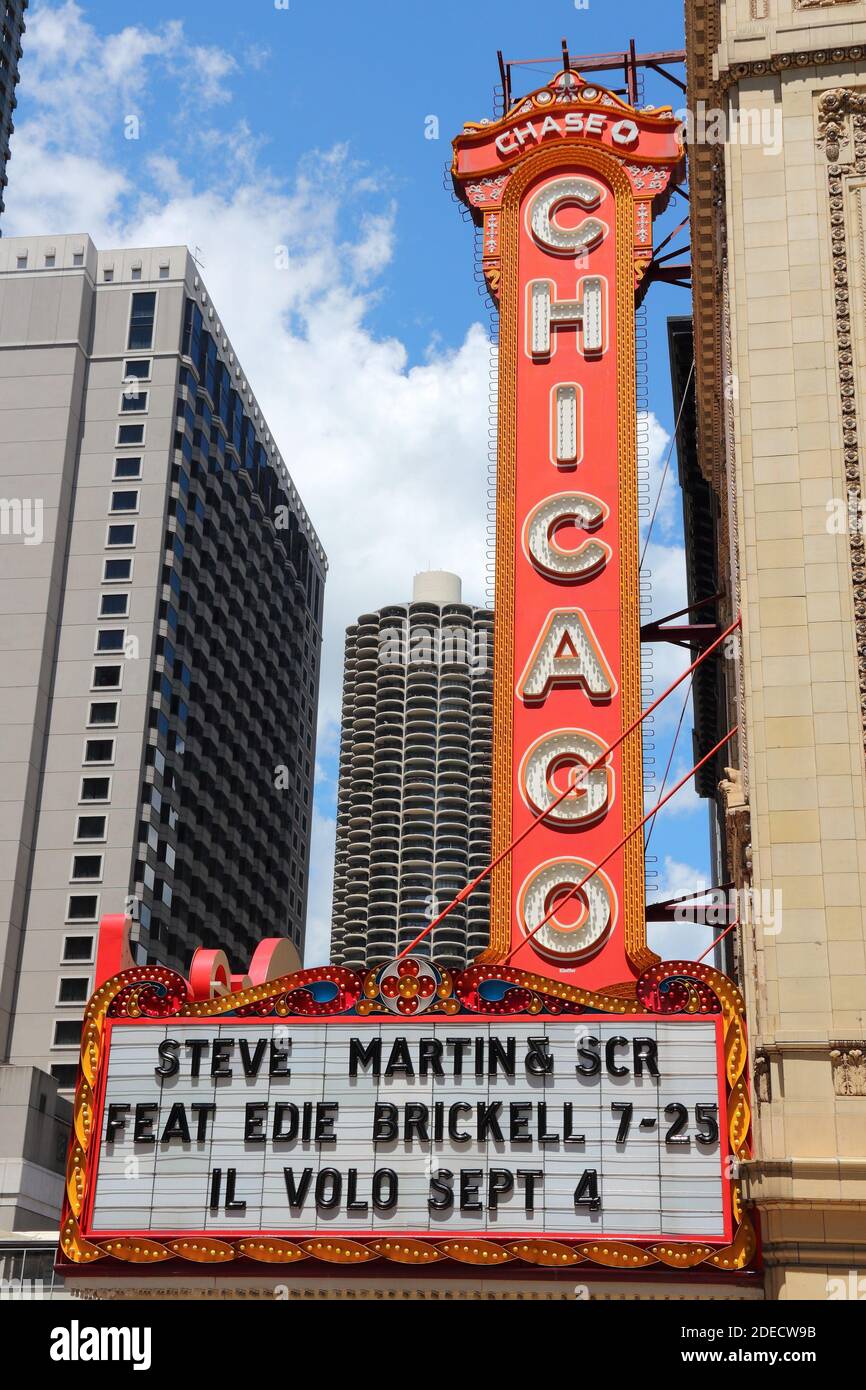 CHICAGO, USA - JUNE 28, 2013: Chicago Theatre sign. Chicago Theatre was ...