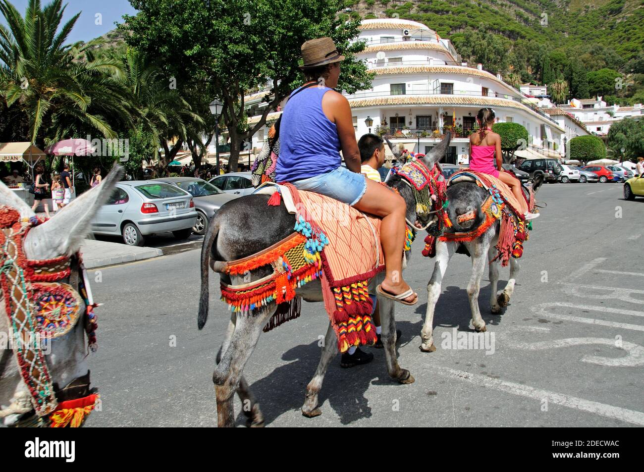 Tourists taking donkey rides (burro taxi) through the village, Mijas ...