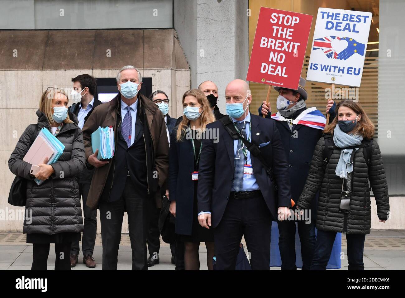 EU's chief negotiator Michel Barnier (centre left) arriving at the BEIS ...
