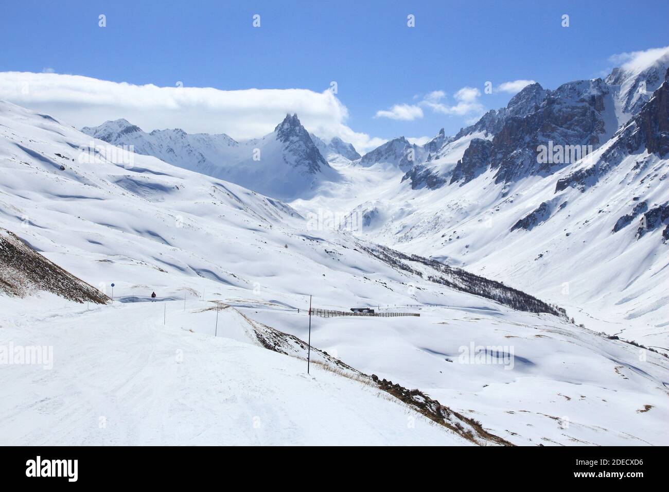 French Alps skiing in winter snow. Valmeinier ski resort in Europe ...
