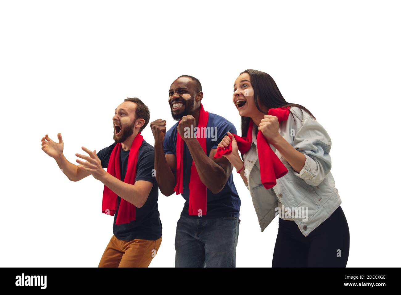 Teamwork. Multiethnic soccer fans cheering for favourite team with ...