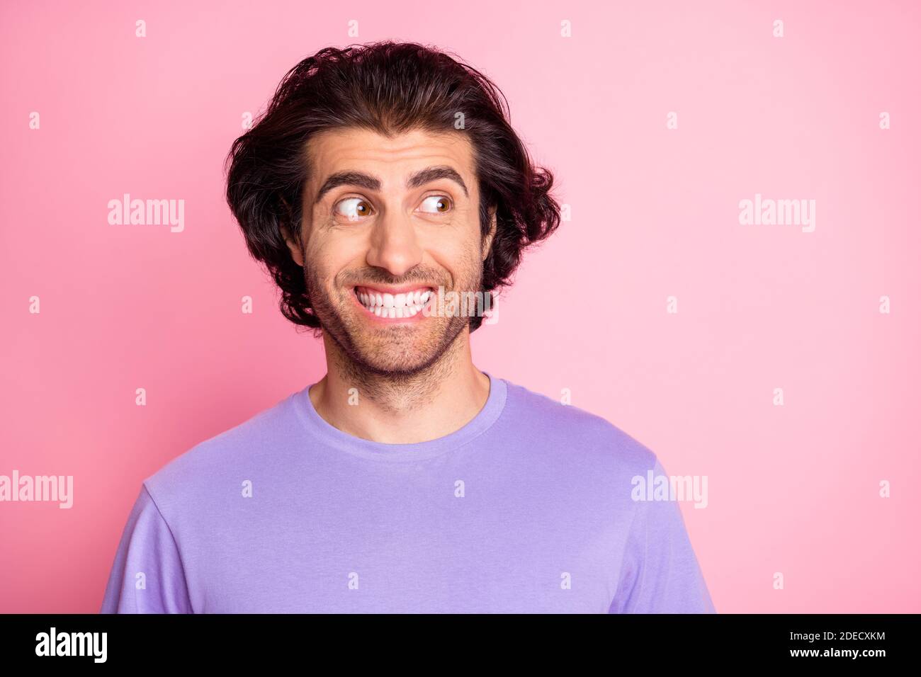 Photo of young handsome tricky man happy positive smile curious dreamy ...