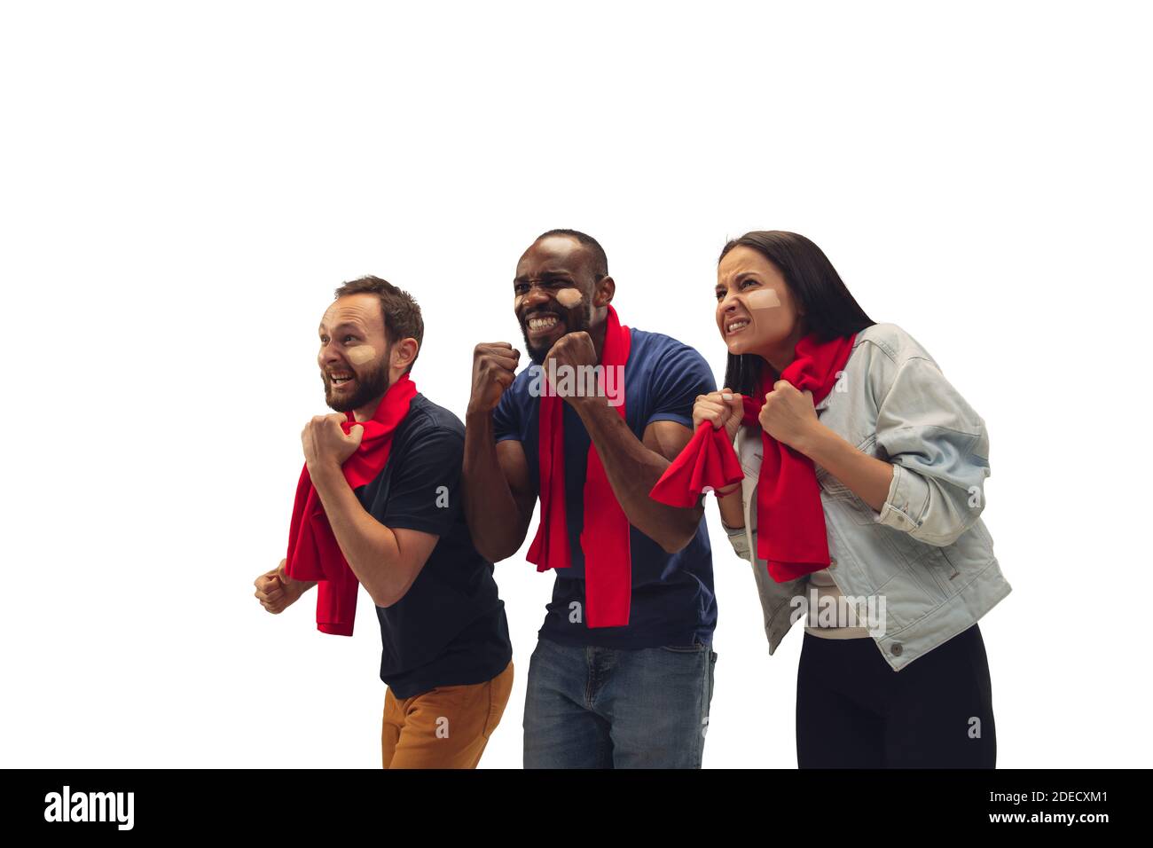 Teamwork. Multiethnic soccer fans cheering for favourite team with ...
