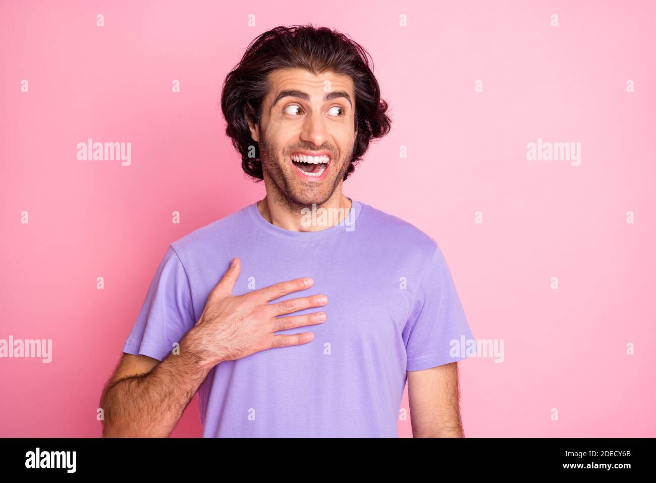 Photo of young brown hair stubble man excited amazed surprised hand ...