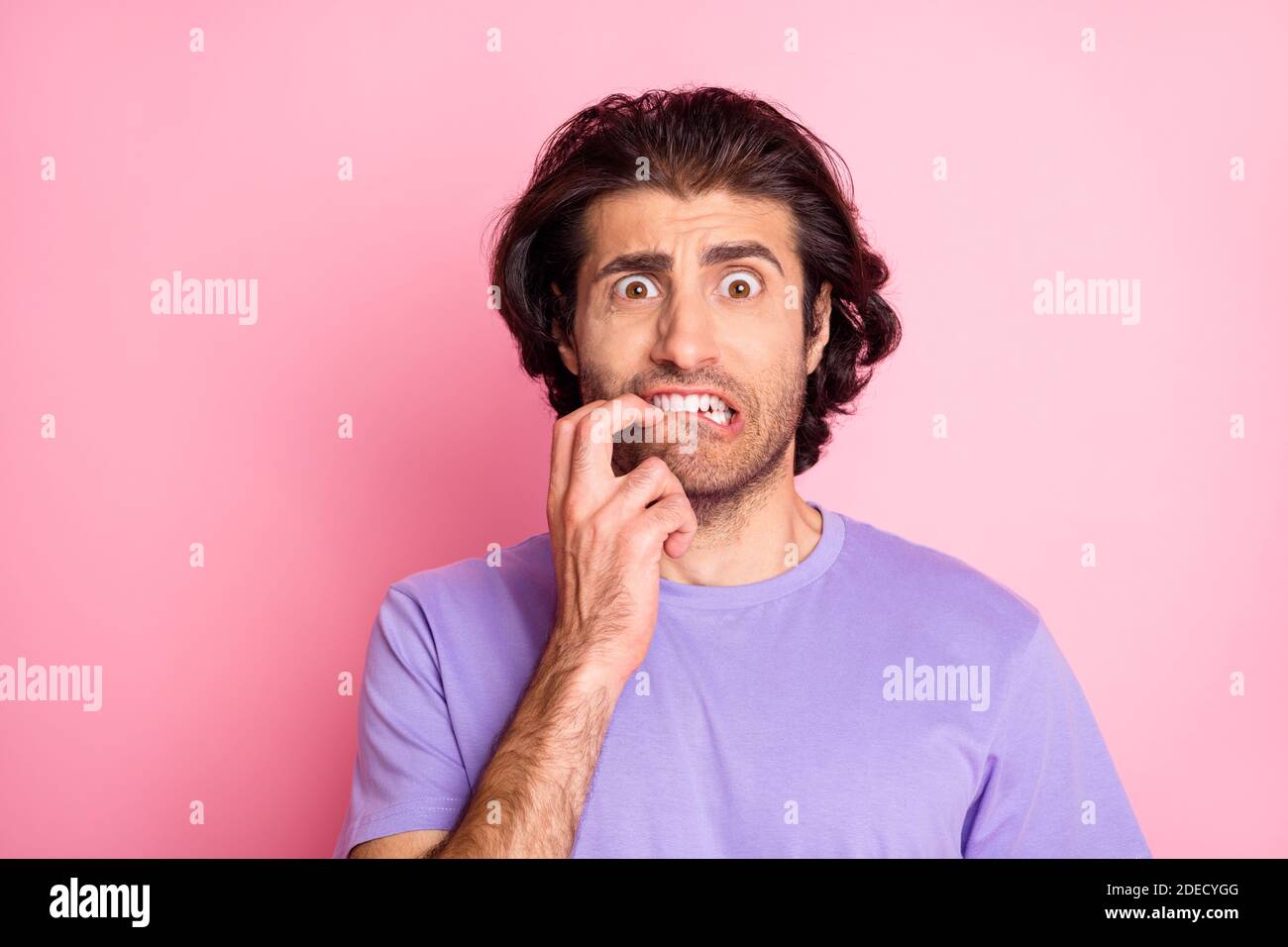 Photo of young brown hair bristle unhappy man shocked afraid scared bad ...
