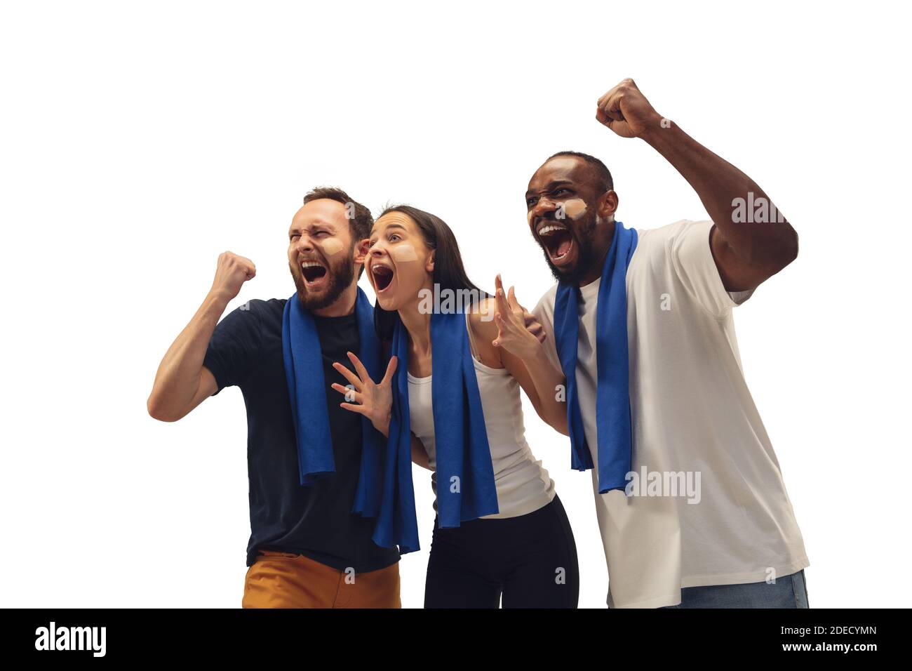 Winning. Multiethnic soccer fans cheering for favourite team with ...