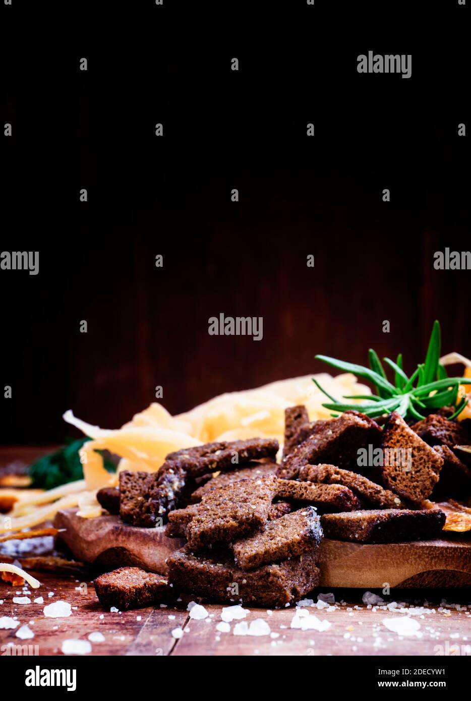 Dried crust from black rye bread with salt and spices, beer snacks ...