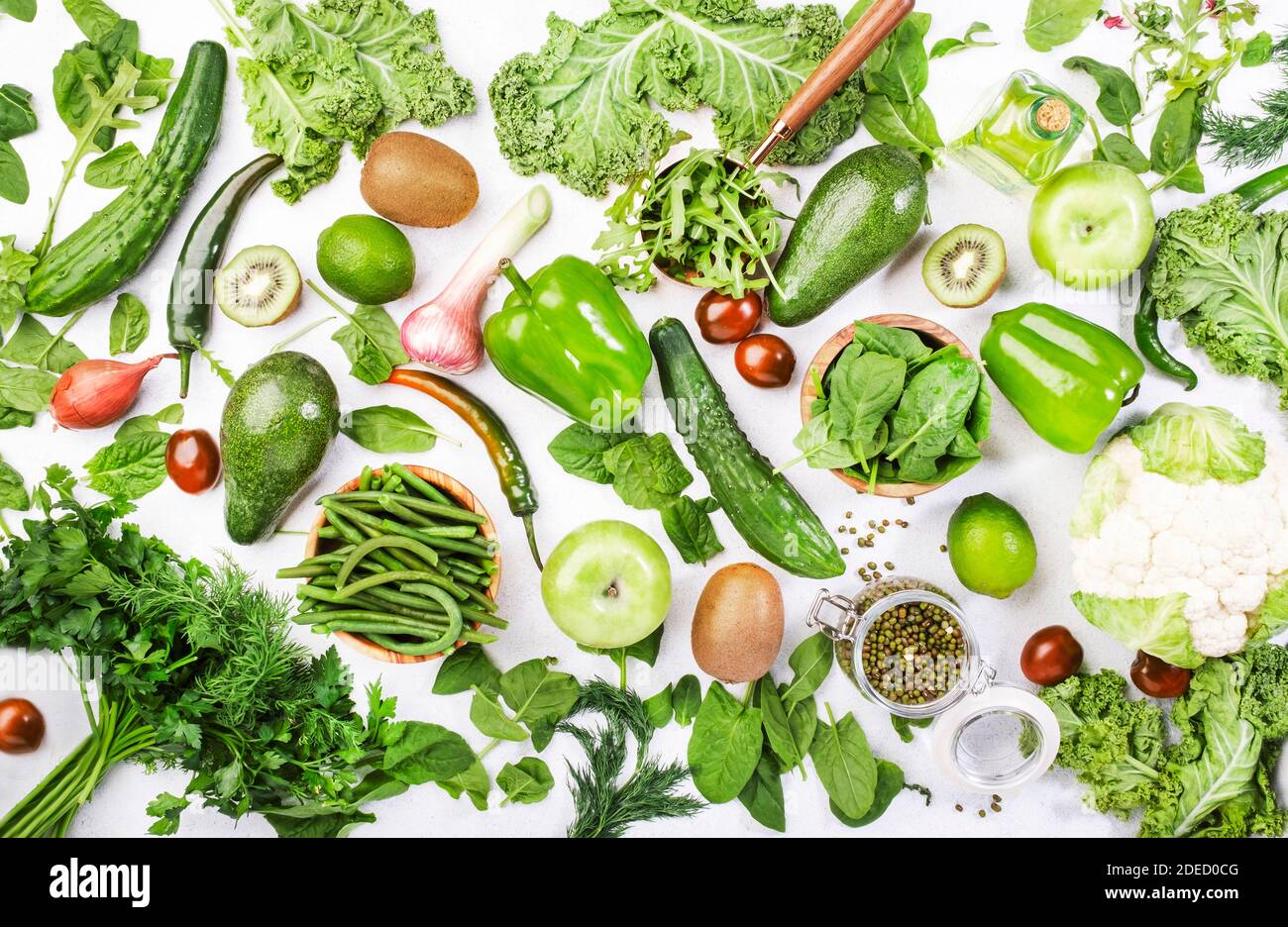 Variety of green vegetables and fruits. Healthy food clean eating ...