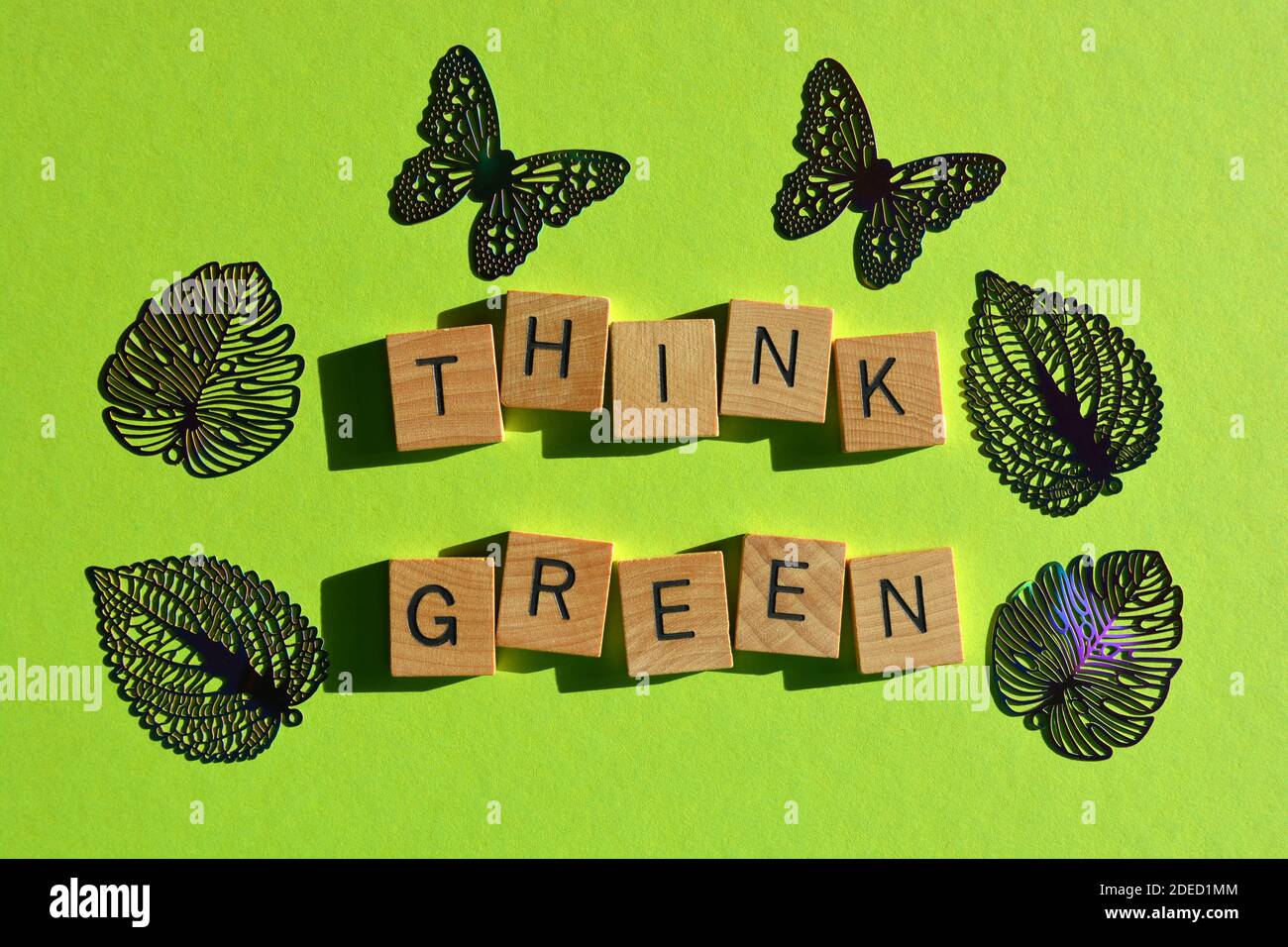 Think Green, words in wooden alphabet letters with random leaf and ...