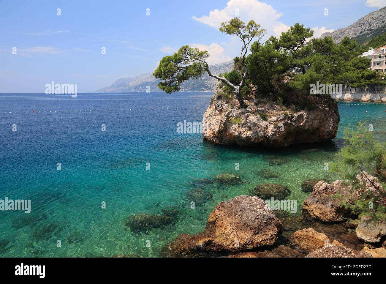 Brela, Croatia. Natural landmark miniature rock island with sturdy pine ...