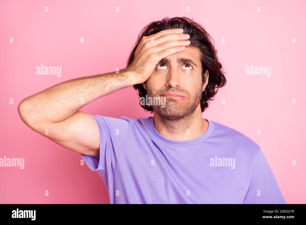 Photo of bearded guy make facepalm look up empty space wear violet ...