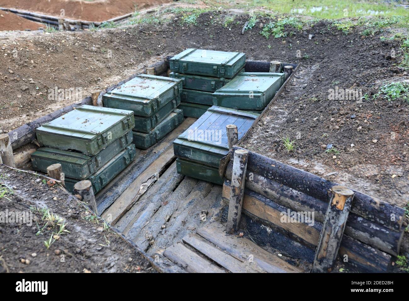 View of boxes with artillery shells in trench, Russia Stock Photo - Alamy