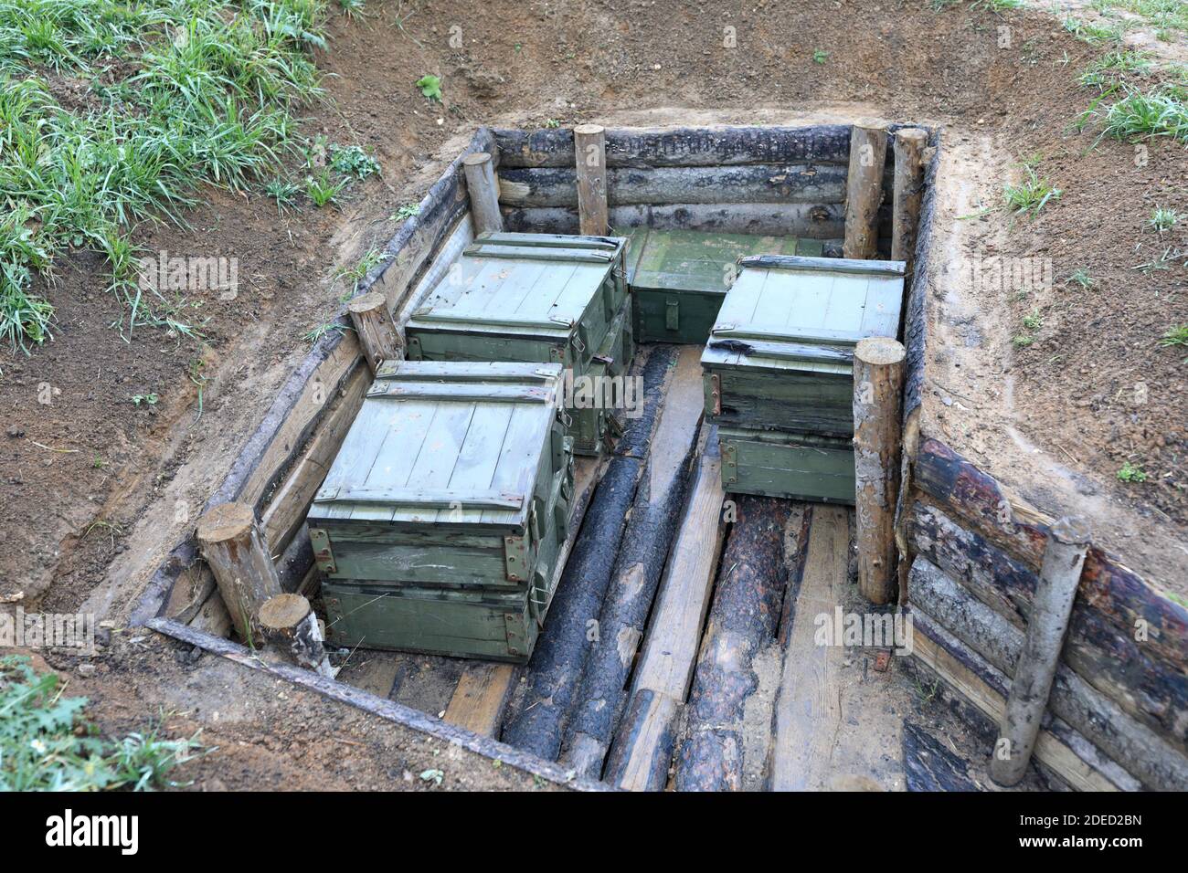 Wooden boxes with artillery shells in trench, Russia Stock Photo - Alamy
