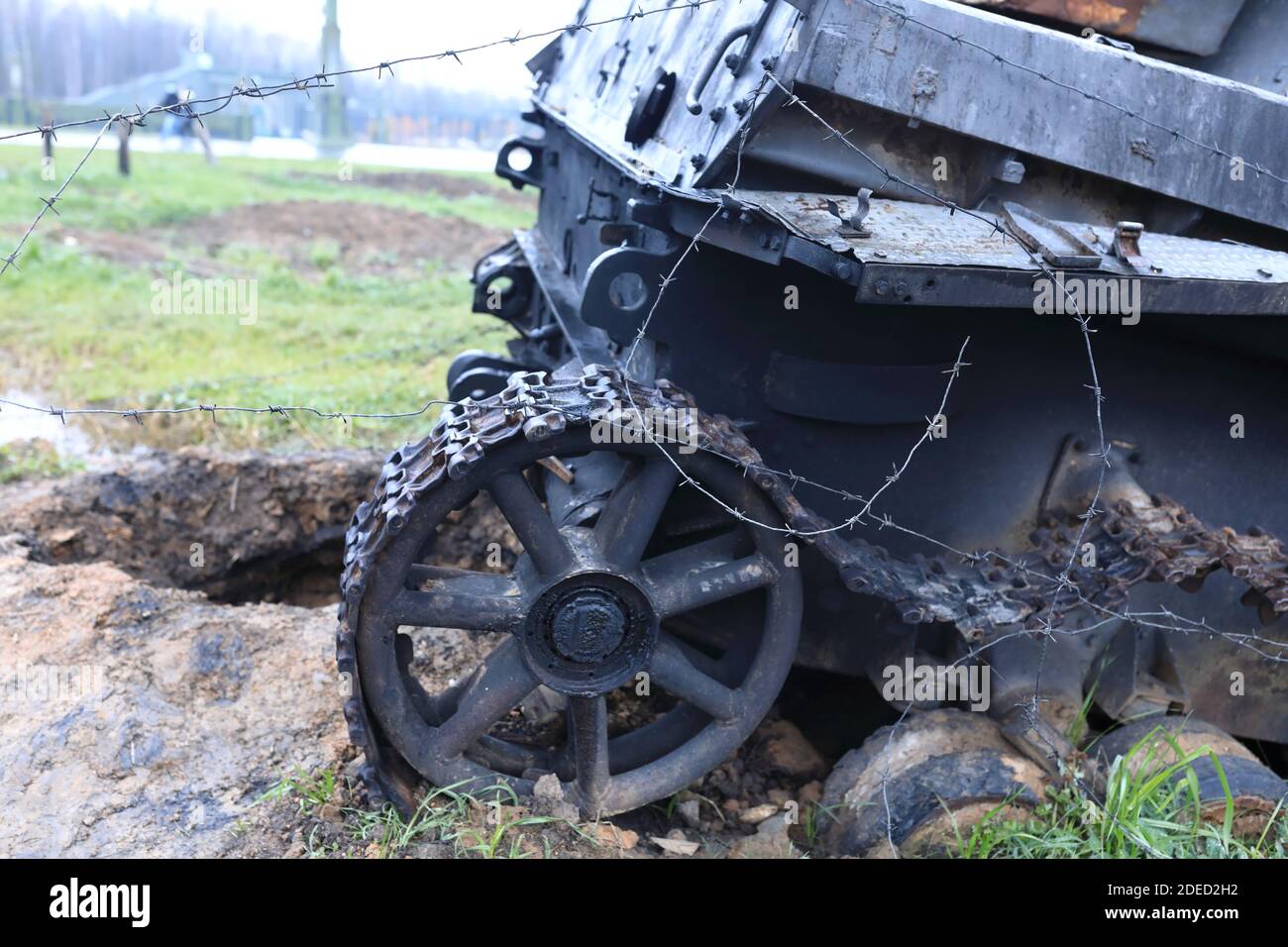 Details of burned-out Wehrmacht tank on field Stock Photo - Alamy