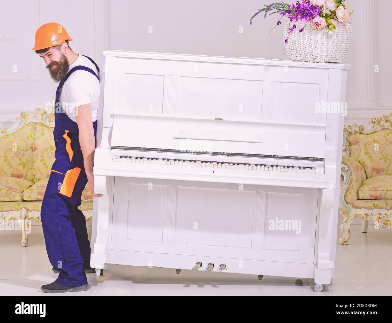 Loader moves piano instrument. Courier delivers furniture in case of ...