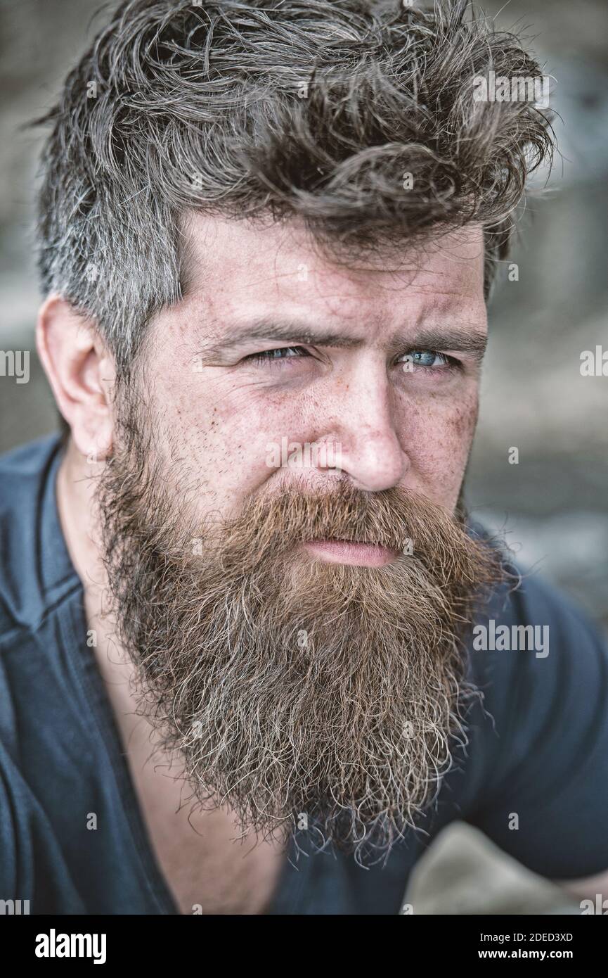 Man with beard and mustache, close up. Bearded man on serious face ...