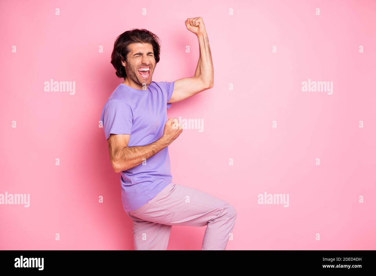 Photo of crazy funky guy raise arms close eyes open mouth wear purple ...