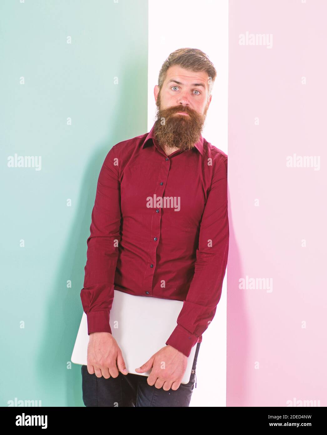 Man bearded hipster worker with laptop lean on wall. Guy web developer ...