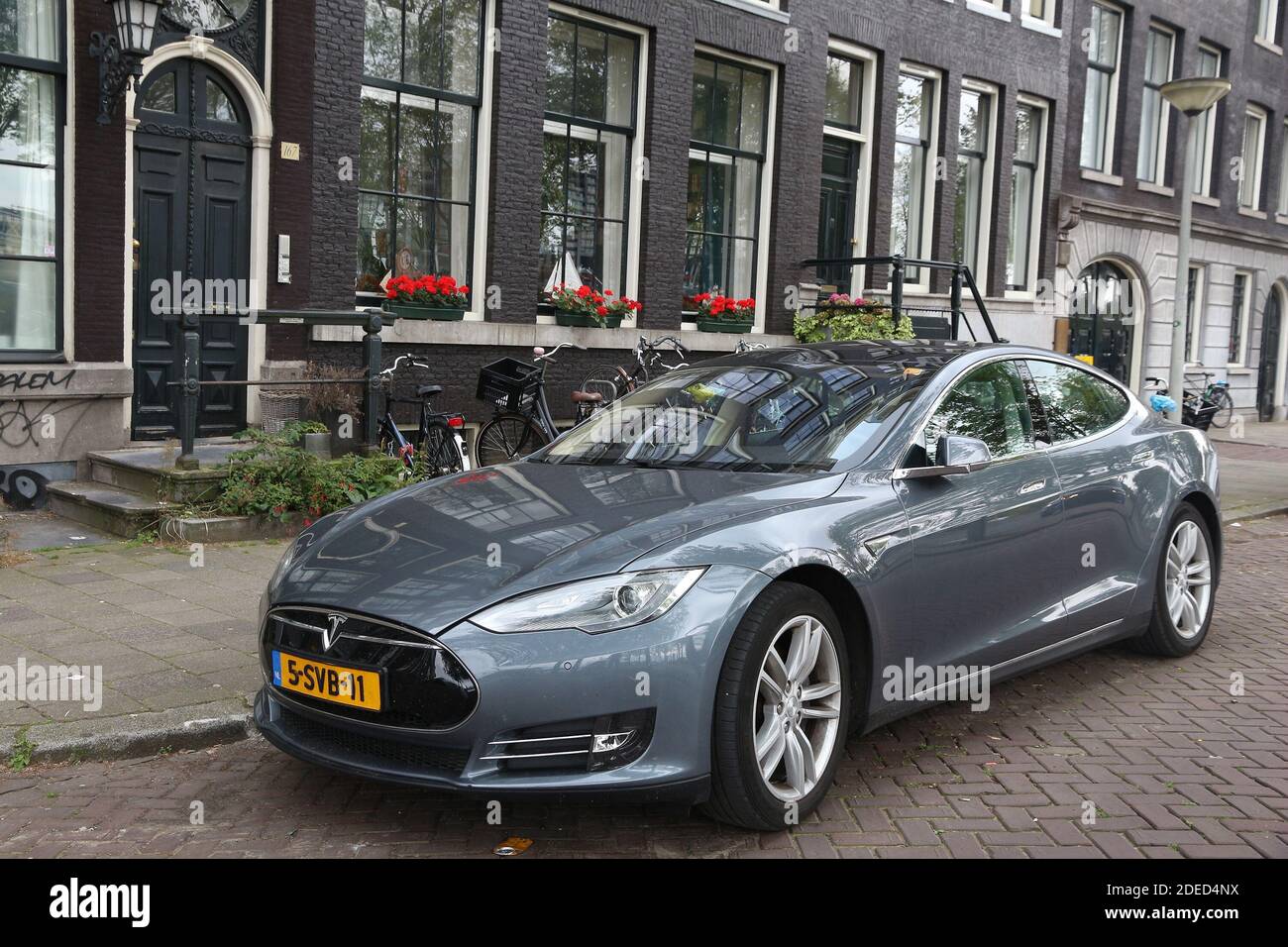 AMSTERDAM, NETHERLANDS - JULY 8, 2017: Electric Tesla Model S car ...