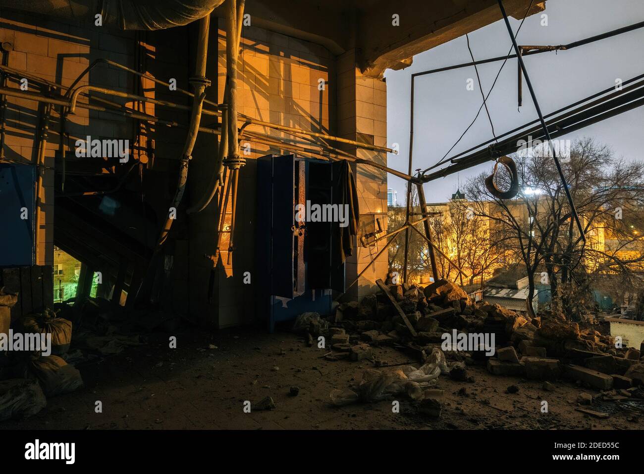 Ruined factory interior. Consequences of disaster, war or demolition ...
