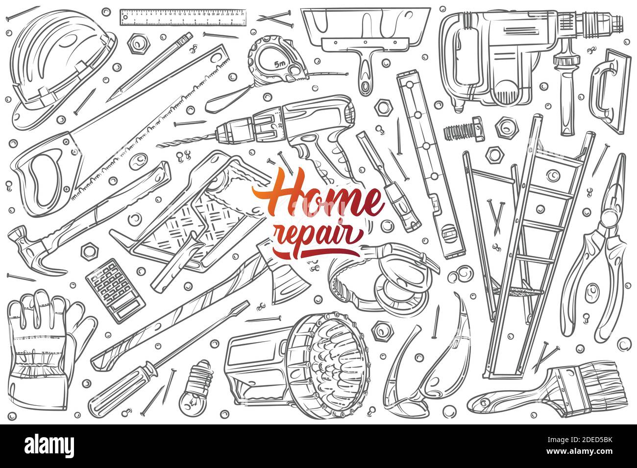 Hand drawn home repair set doodle vector illustration background Stock ...