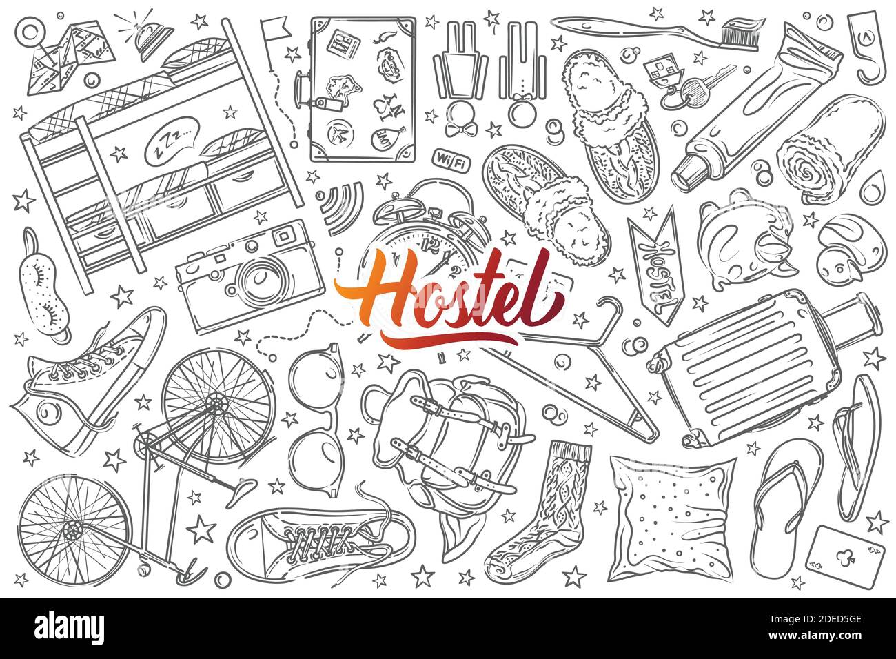 Hand drawn hostel set doodle vector illustration background Stock ...