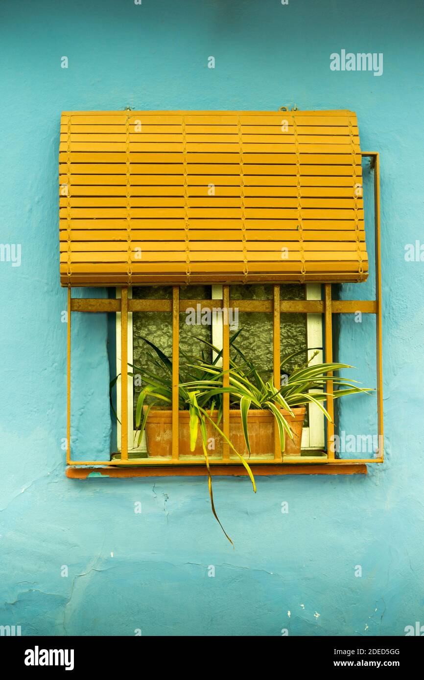 Yellow window on blue wall Stock Photo - Alamy