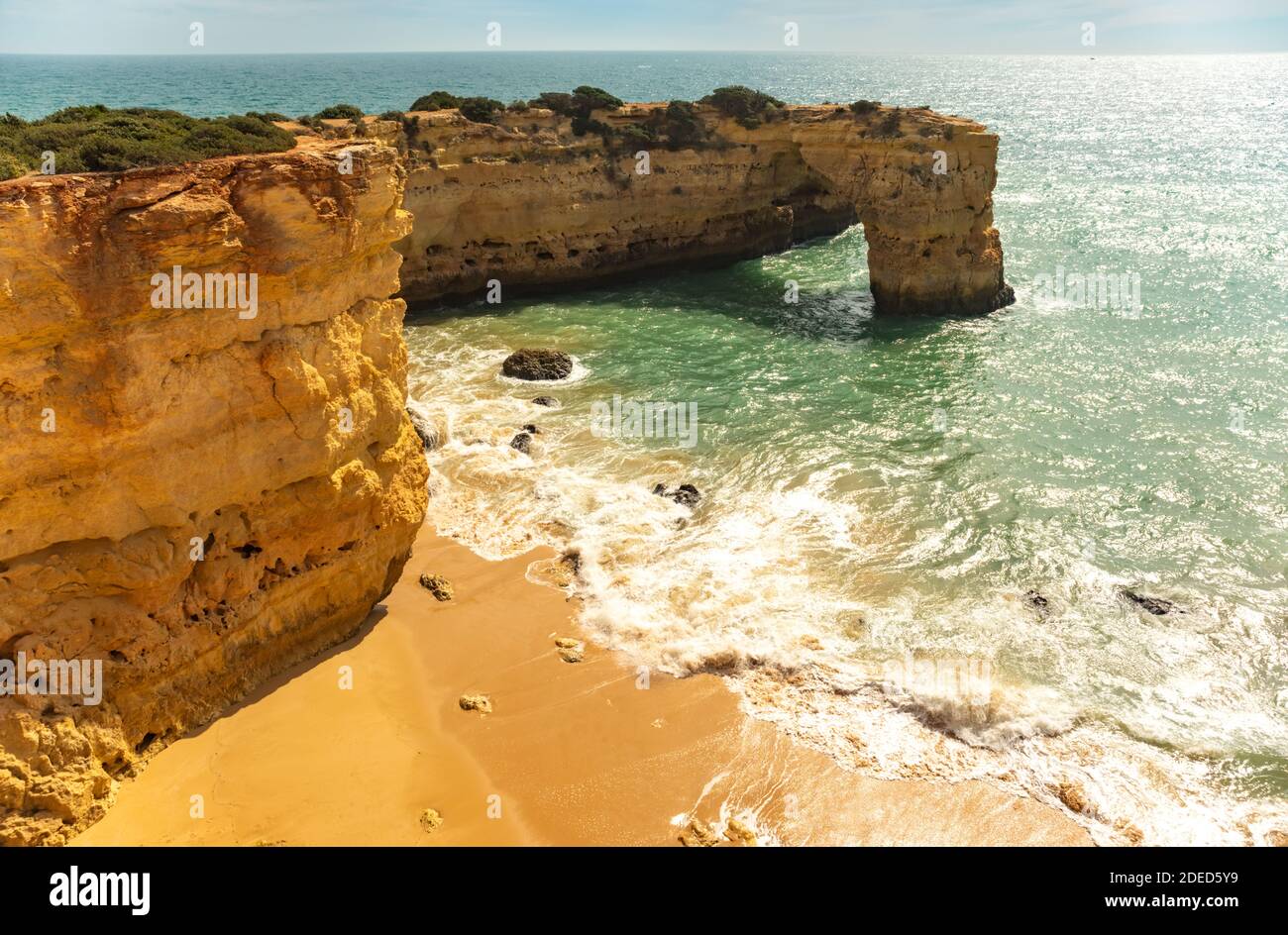 Natural caves and beach, Algarve Portugal. Rock cliff arches of Seven ...