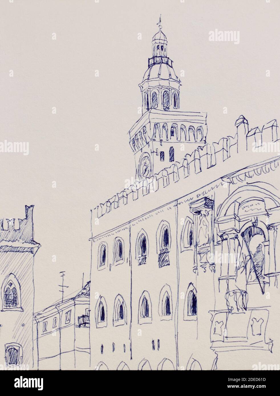 Architectural lineart sketch in Bologna, Italy, medieval piazza ...