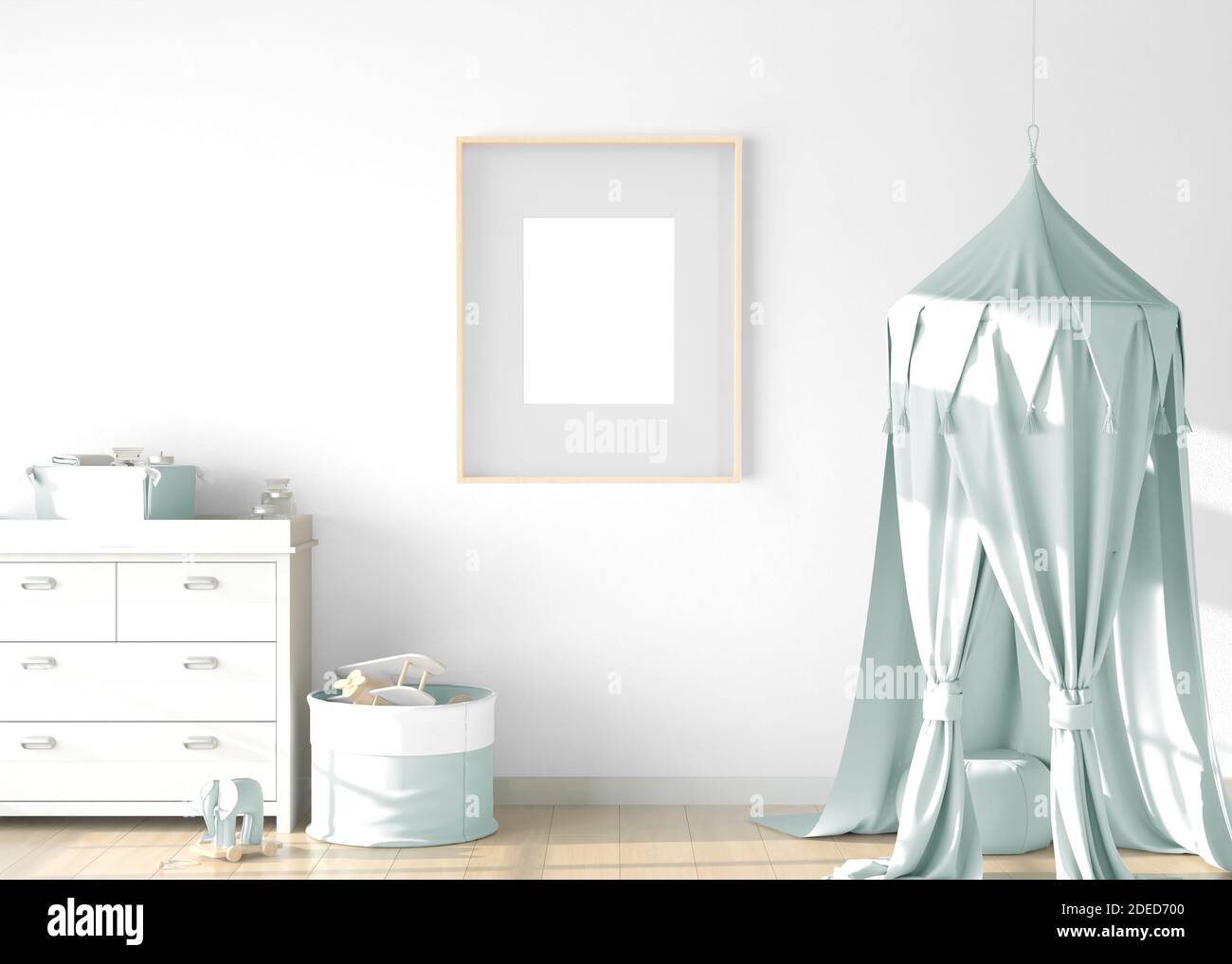 Frame on blue boy room wall mock up 3d rendering Stock Photo - Alamy