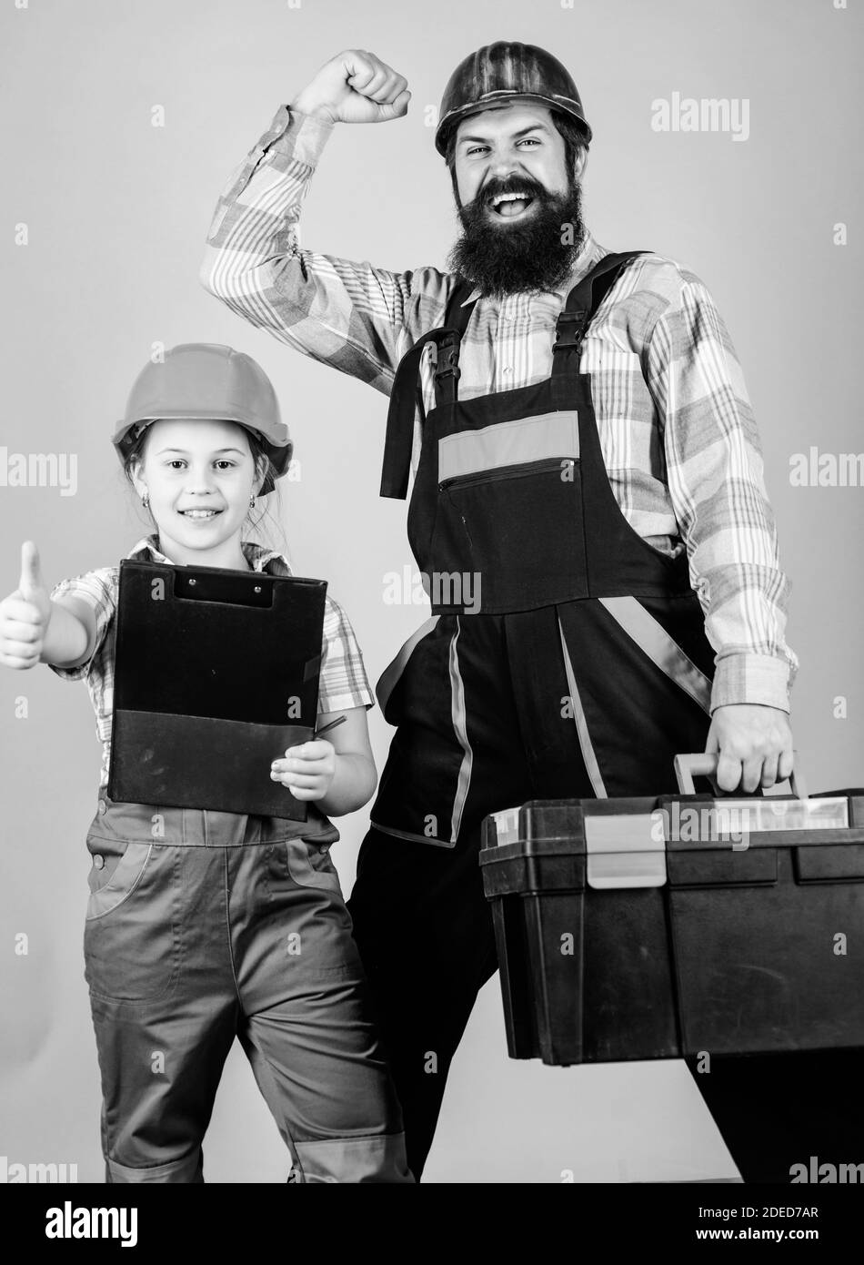 Father and daughter in workshop. Repair. Childrens creativity ...