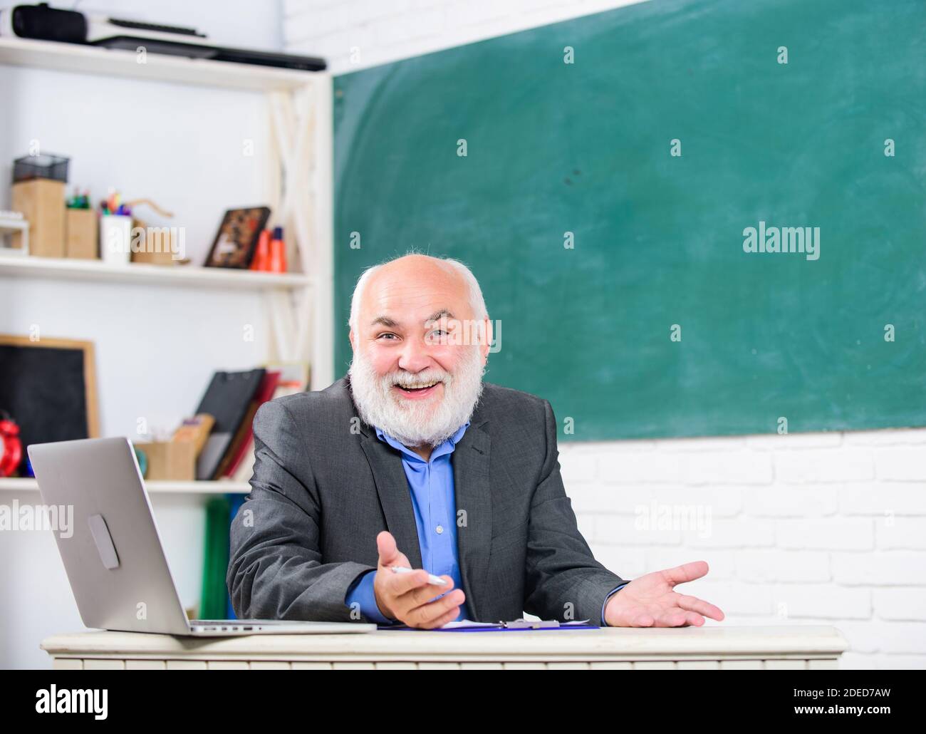 Honored professor. Teacher bearded man tell cheerful story. Teacher ...