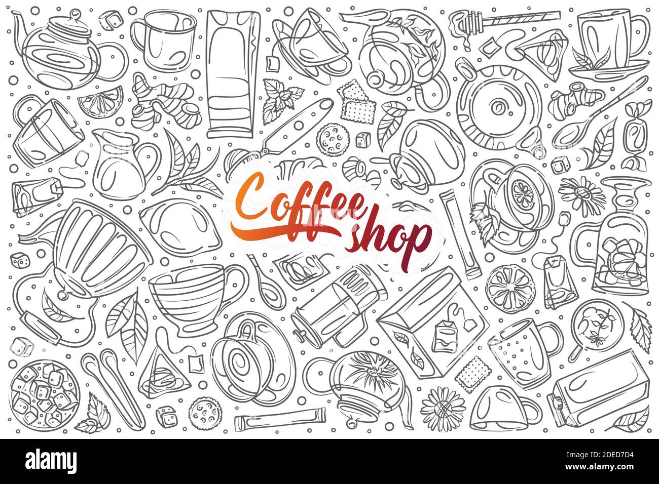 Hand drawn coffee shop set doodle vector illustration background Stock ...