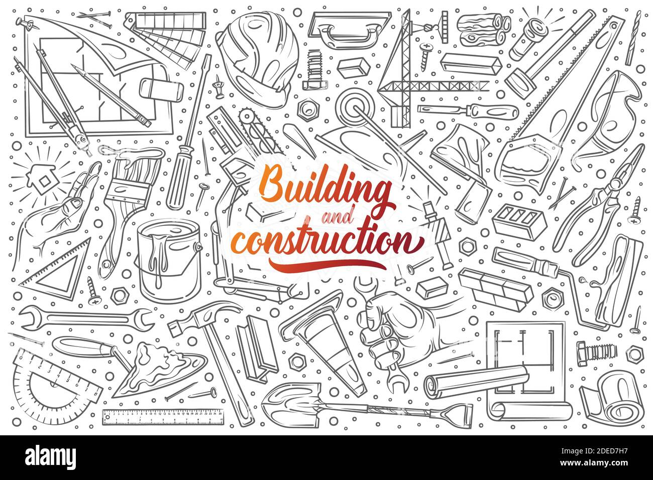 Hand drawn building and construction set doodle vector illustration ...