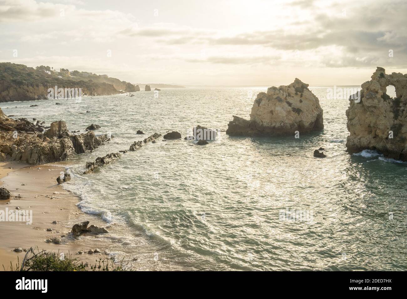 beautiful Atlantic ocean view horizon with sandy beach, rocks and waves ...