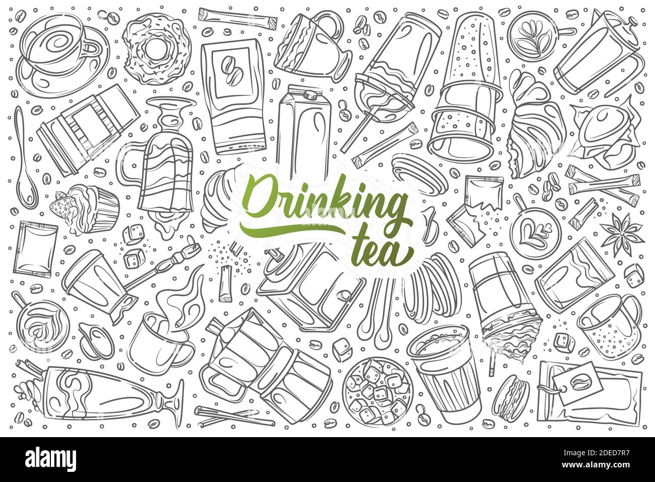 Hand drawn drinking tea set doodle vector illustration background Stock ...