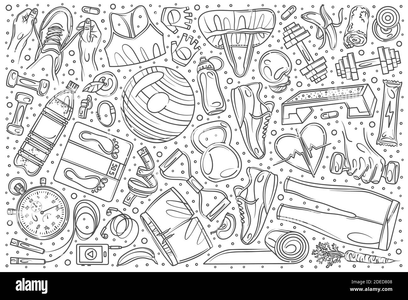 Hand drawn fitness training set doodle vector illustration background ...