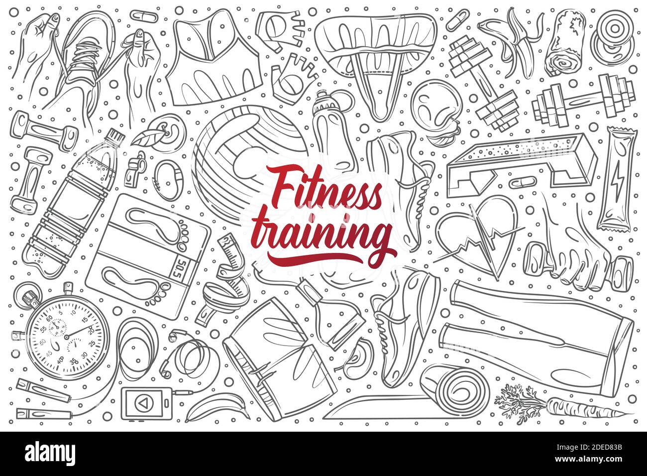 Hand drawn fitness training set doodle vector illustration background ...