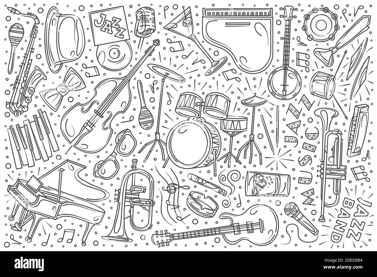 Hand drawn Jazz festival set doodle vector illustration background ...