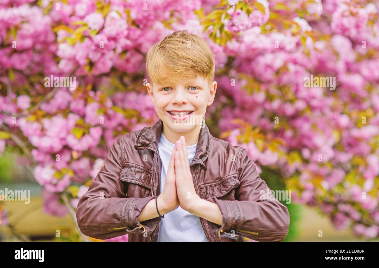 Peaceful child enjoy warm spring day. Sakura garden. Child pink flowers ...