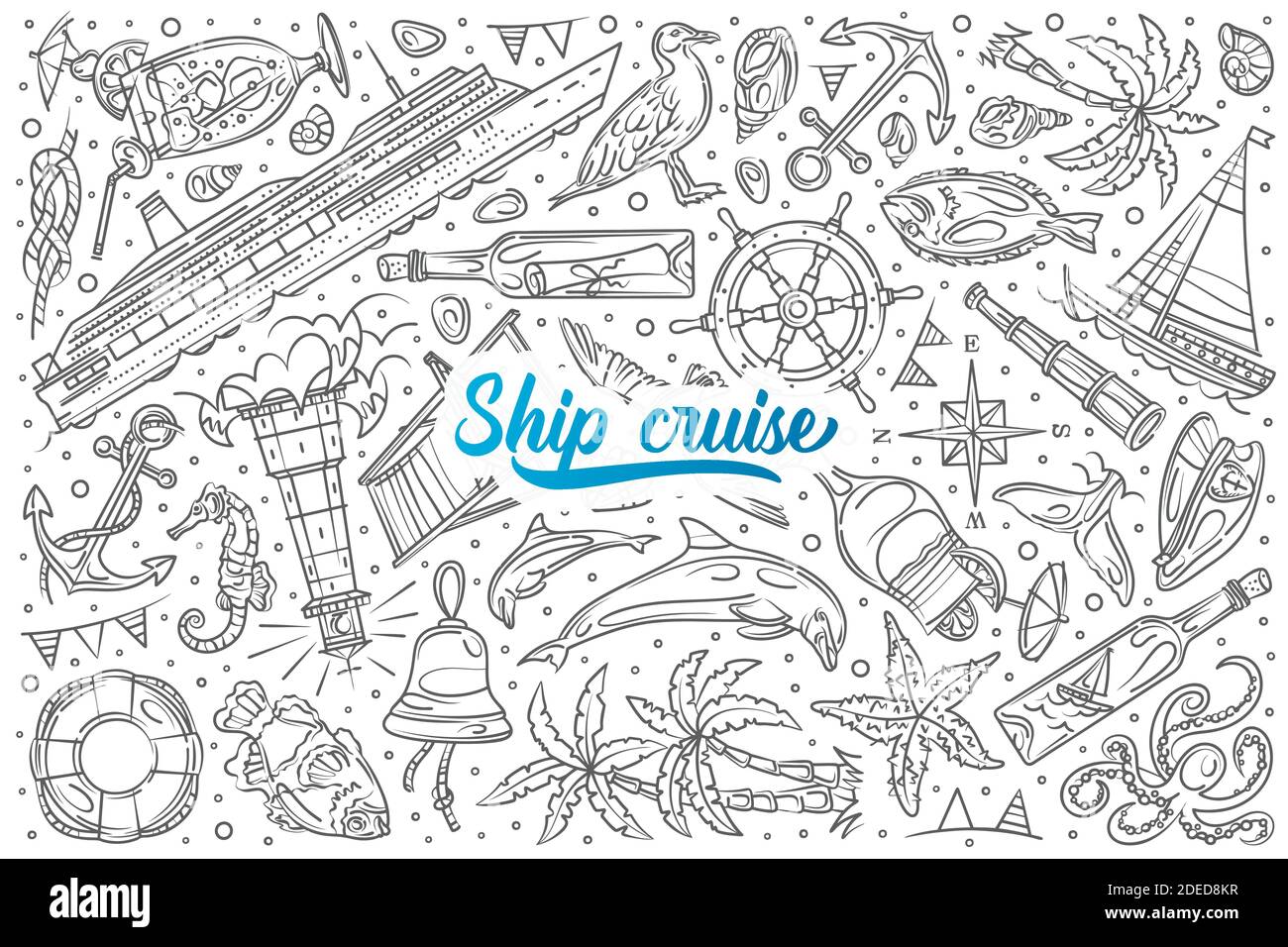 Hand drawn ship cruise set doodle vector illustration background Stock ...